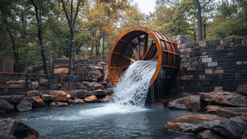 A Large Water Wheel in a Park, with a Waterfall Flowing from it into a ...