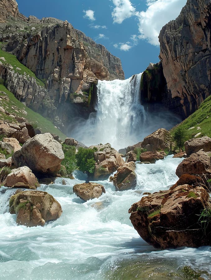 A Large Waterfall Cascades in between Massive Rocks, Flowing with ...