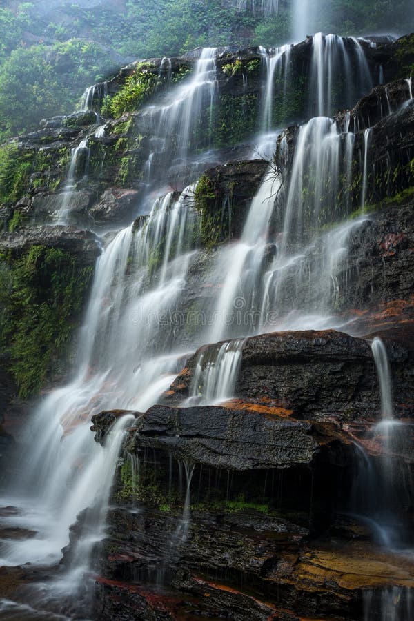 Large Waterfall Cascading Down Rocks in Blue Mountains Australia Stock ...
