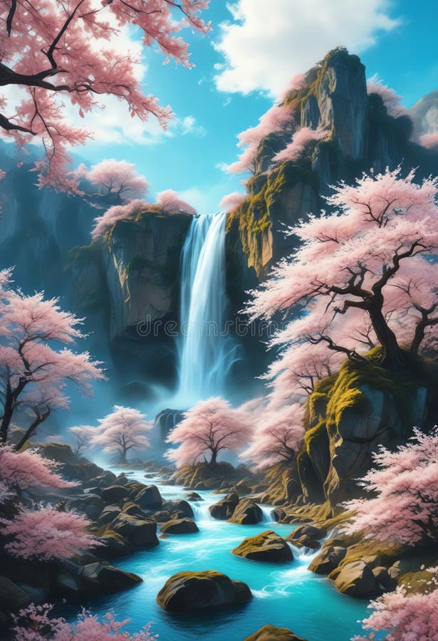 A Large Waterfall Coming from a High Cliff, Cherry Blossom Trees Stock ...