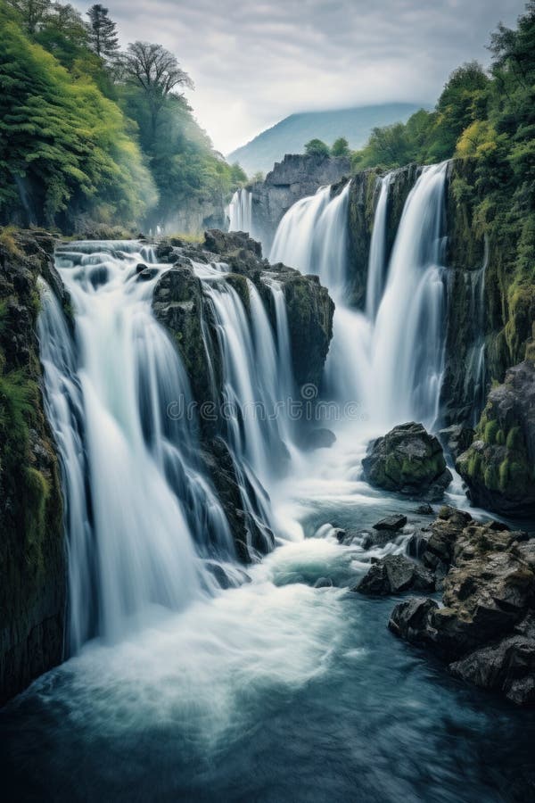 A Large Waterfall is Flowing Over Rocks and into a River, AI Stock ...