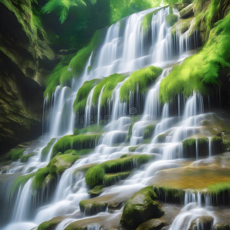 Large Waterfall with Forest and Water Running Down Over the Rocks Stock ...