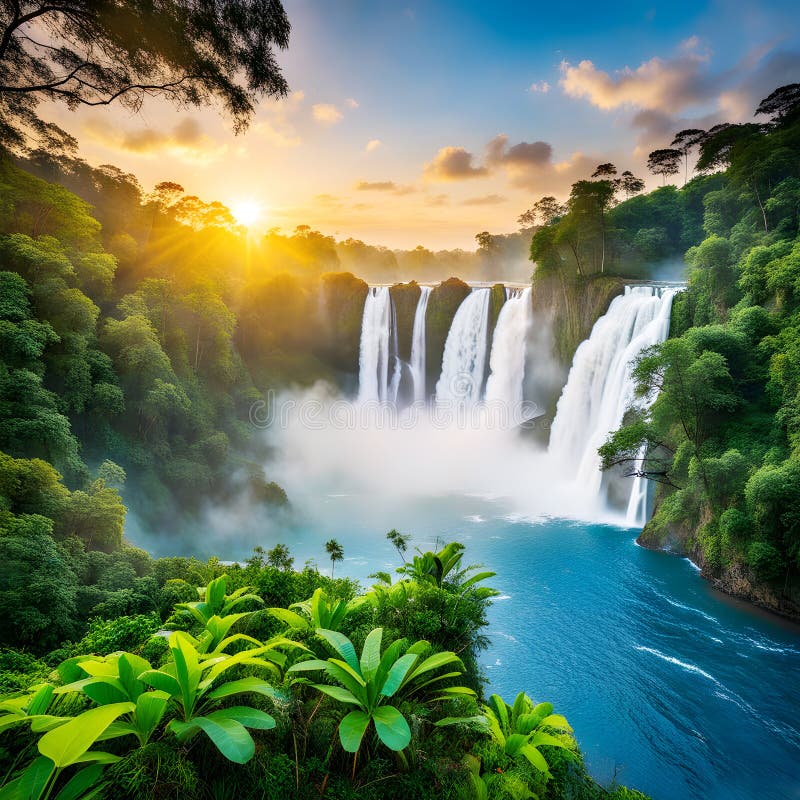 Large Waterfall in the Middle of the Forest Surrounded by Beautiful ...