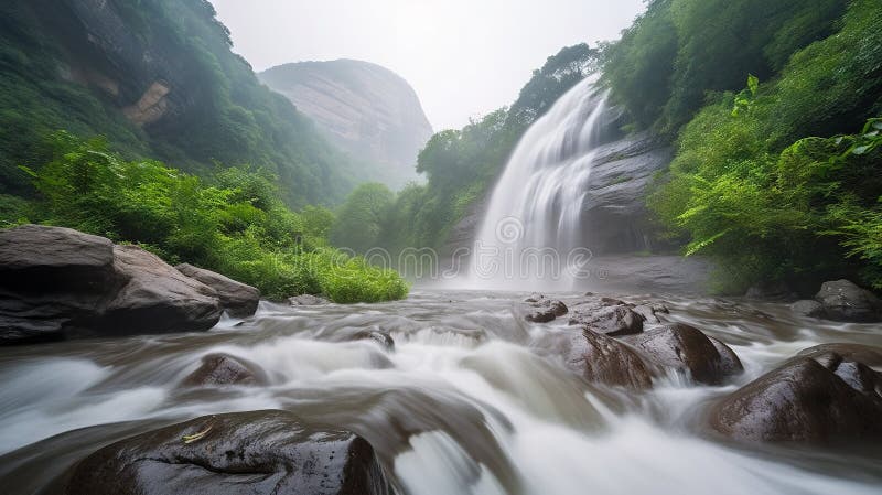 A Large Waterfall in the Middle of a Lush Green Forest Stock ...
