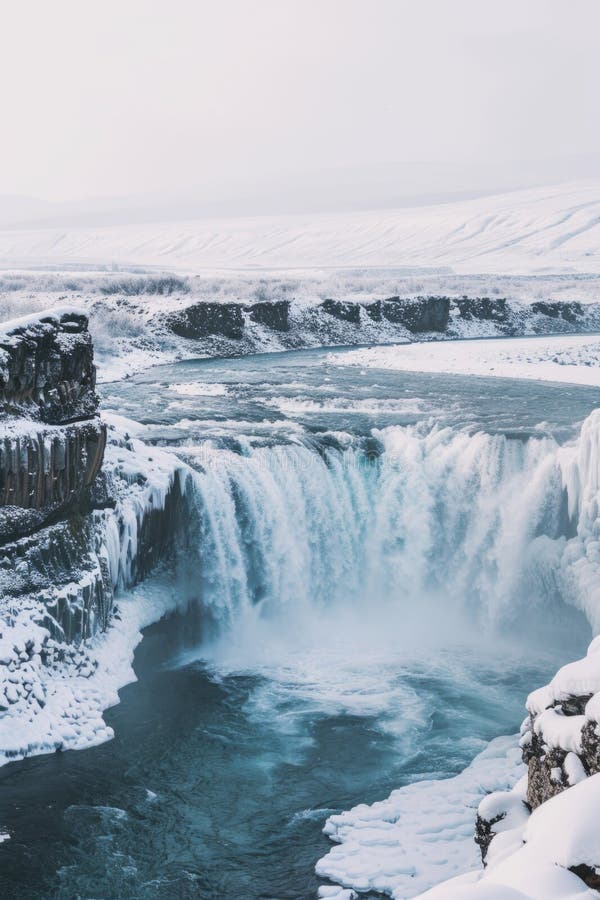 Large Waterfall is Surrounded by Snow and Ice Stock Image - Image of ...