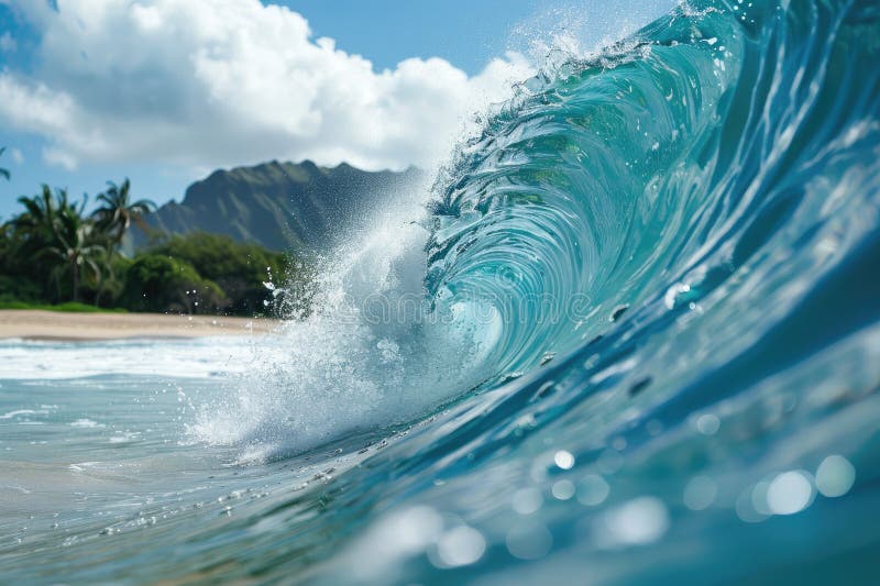 A Large Wave Breaks in the Ocean with Mountains in the Background Stock ...