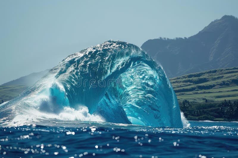 A Large Wave Breaks in the Ocean with Mountains in the Background Stock ...