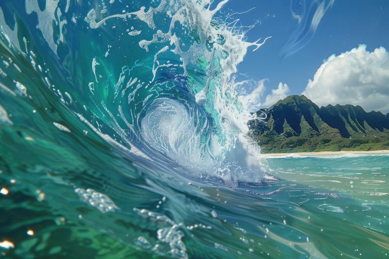 A Large Wave Breaks in the Ocean with Mountains in the Background Stock ...