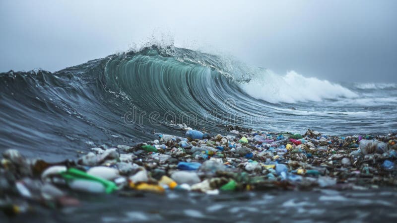 A Large Wave Crashes Over a Beach Littered with Plastic Pollution Stock ...