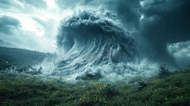 Large Wave is Crashing into a Field of Grass Stock Photo - Image of ...