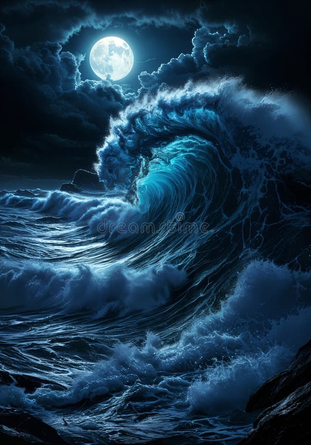 A Large Wave Crashing into the Ocean Under a Full Moon Stock ...