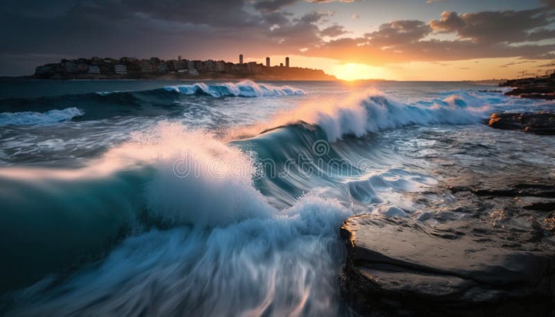 A Large Wave is Crashing on the Rocks Near the Shore Stock Illustration ...
