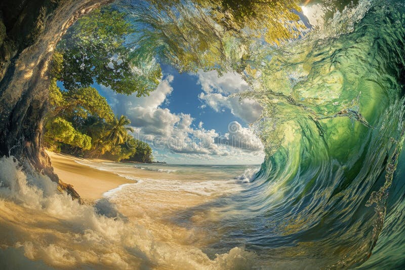 Beautiful Ocean Wave Crashing Against the Shore Under a Sunny Sky in a ...
