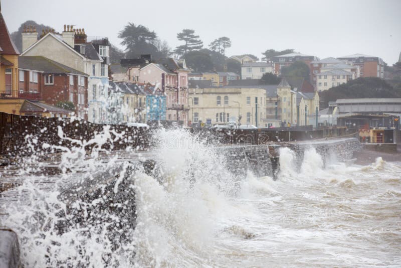 Large Waves Breaking Against Sea Wall at Dawlish in Devon Stock Image ...