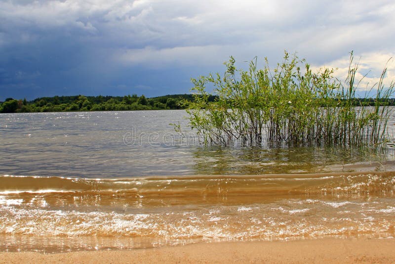 Large Waves on the Shore of the Pond Stock Photo - Image of bushes ...