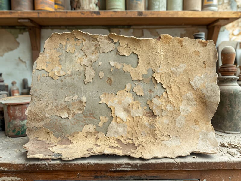 A Large, Weathered Stone Slab Sits on a Wooden Table Stock Photo ...