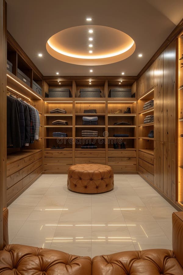 A Large, Well-lit Walk-in Closet with a Tan Ottoman and a Tan Chair ...