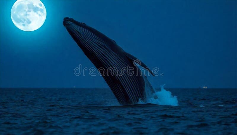 A Large Whale Breaching the Ocean, Surface at Night Under a Large ...