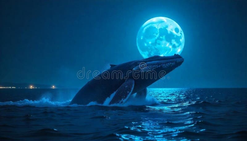 A Large Whale Breaching the Ocean, Surface at Night Under a Large ...