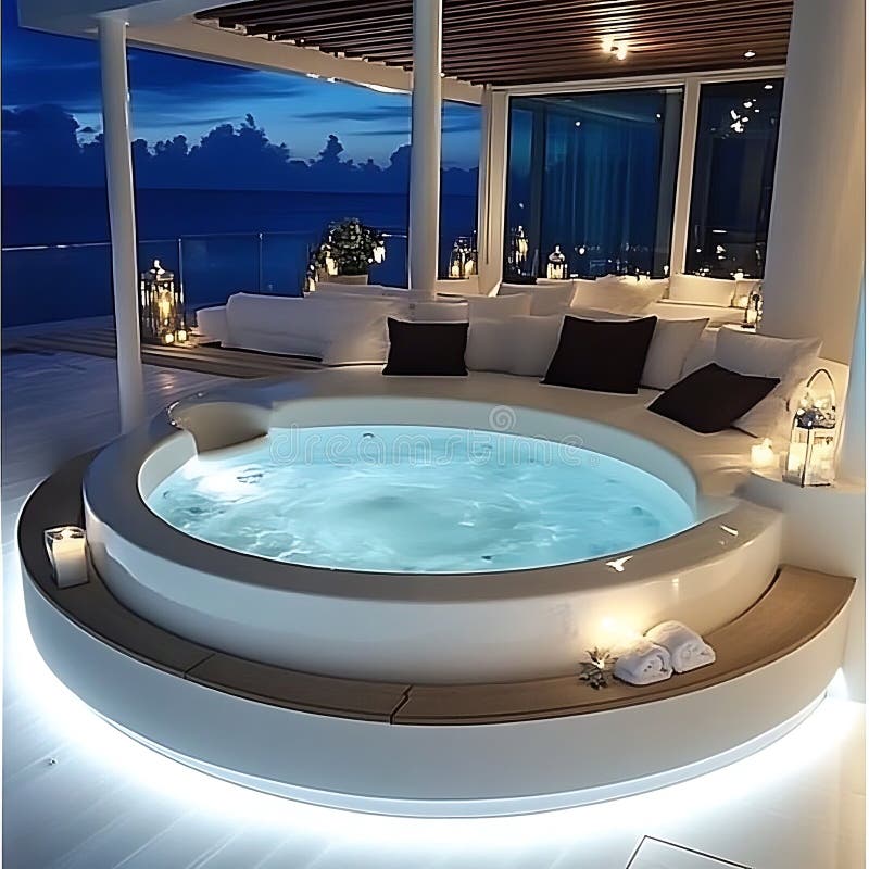 Large White Bathtub with a Blue Light on the Bottom Stock Photo - Image ...