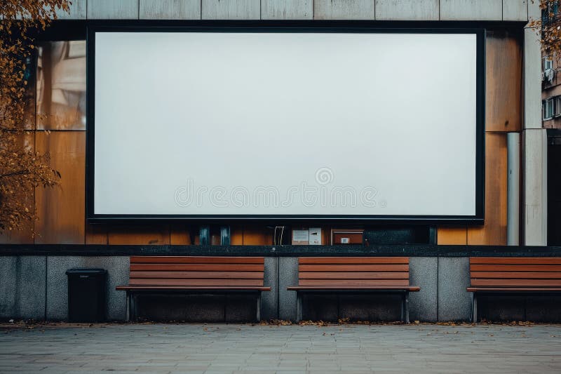 A Large White Billboard Sits Empty in Front of a Row of Wooden Benches ...