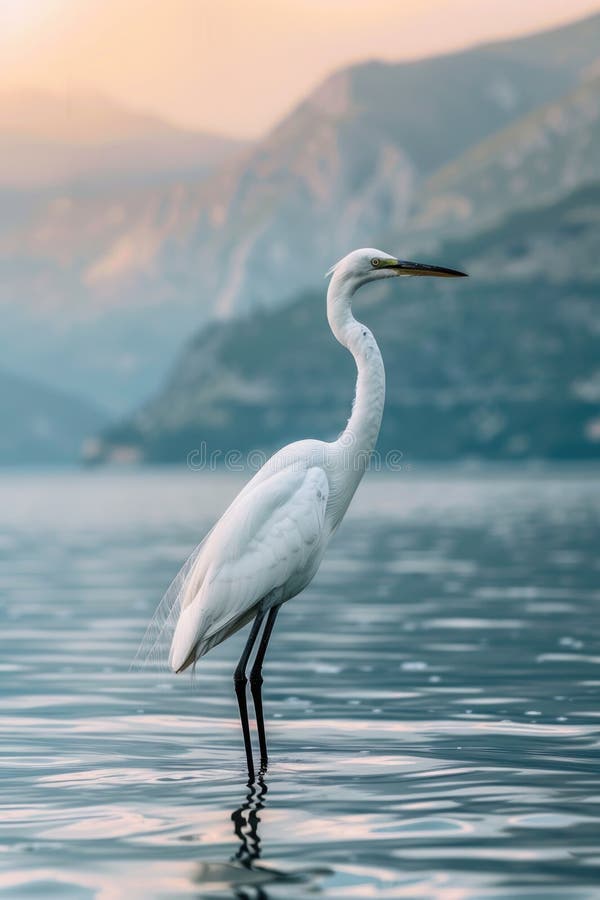A Large White Bird Stands on the Surface of a Calm Body of Water, with ...