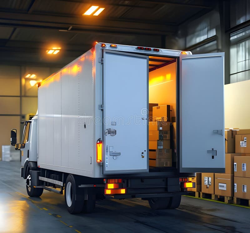 A Large White Box Truck with Its Rear Doors Open Parked Inside a ...