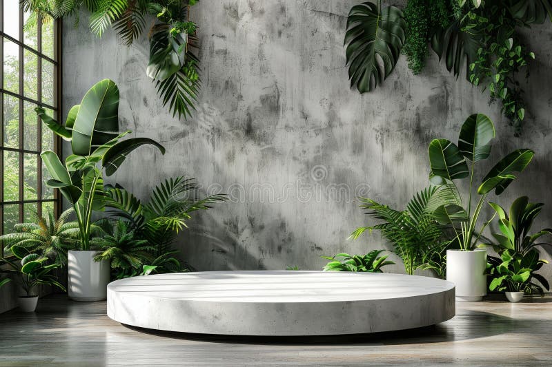 A Large, White, Circular Stage with a Wall of Greenery Behind it Stock ...