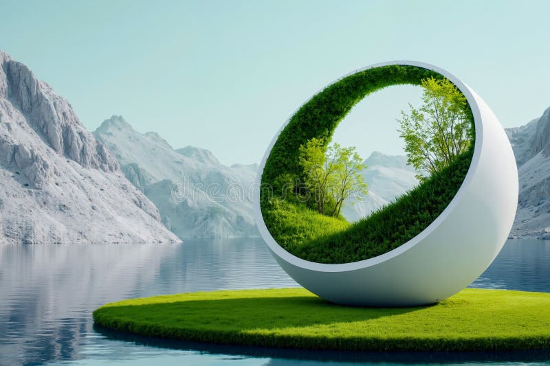 A White Sphere with a Green Landscape Inside of it in the Middle of a ...