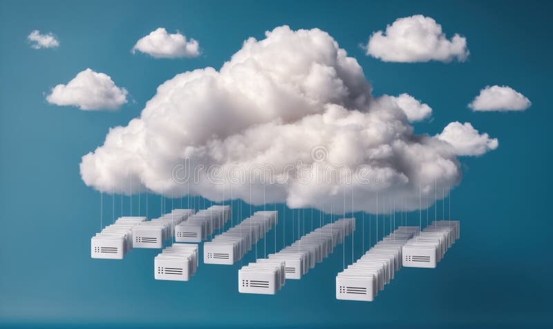 A Large White Cloud Hangs in a Blue Sky with Rows of Servers Suspended ...