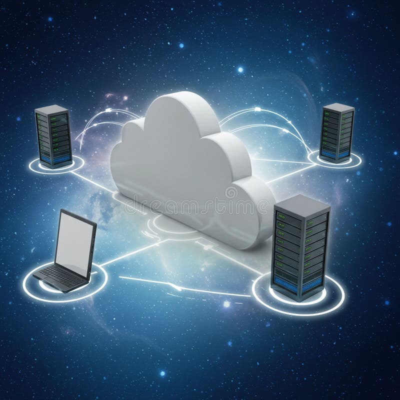 A Large, White Cloud Icon is Centered, Surrounded by Three Server ...