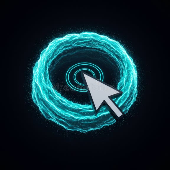 A Large, White Computer Cursor Points Towards a Glowing, Turquoise Neon ...