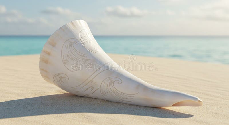 Large White Conch Shell with Decorative Wave Engravings Rests on Fine ...