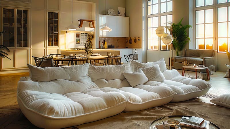 A Large White Couch in a Living Room Stock Image - Image of vase ...