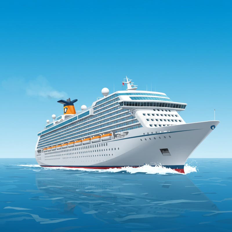A Large White Cruise Ship Sails Smoothly Across Calm Blue Ocean Waters ...