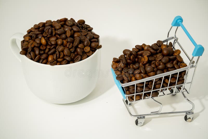 Coffee Beans in a Cup and a Shopping Cart on a White Background Stock ...