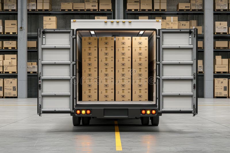 Large White Delivery Truck Parked at Warehouse with Open Back and ...