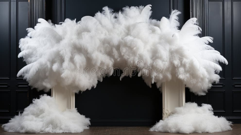 A Large White Feather Arch in Front of a Fireplace, AI Stock ...
