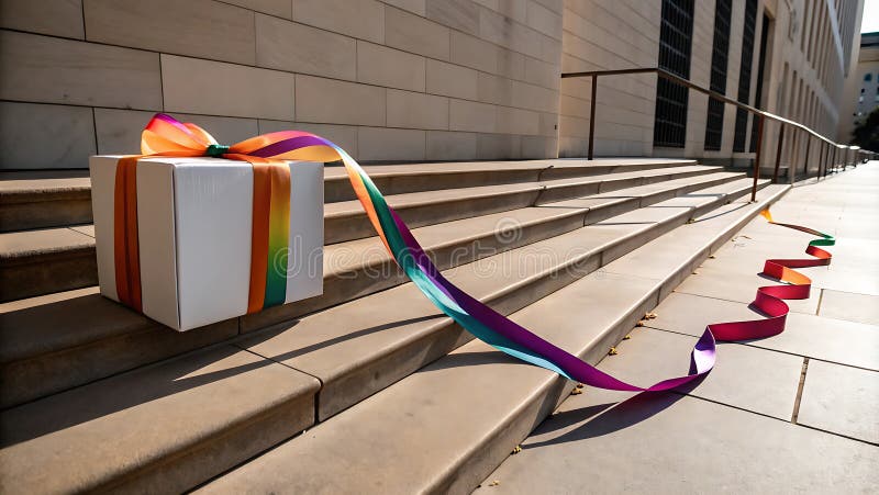 Large White Gift Box with Long Rainbow Ribbon on Stone Steps Outdoors ...