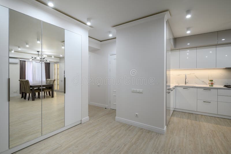 Large White Hall Connected To Room and Kitchen in a Studio Flat Stock ...