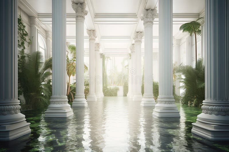 Large White Hall with Tall Pillars and a Lot of Greenery Stock ...