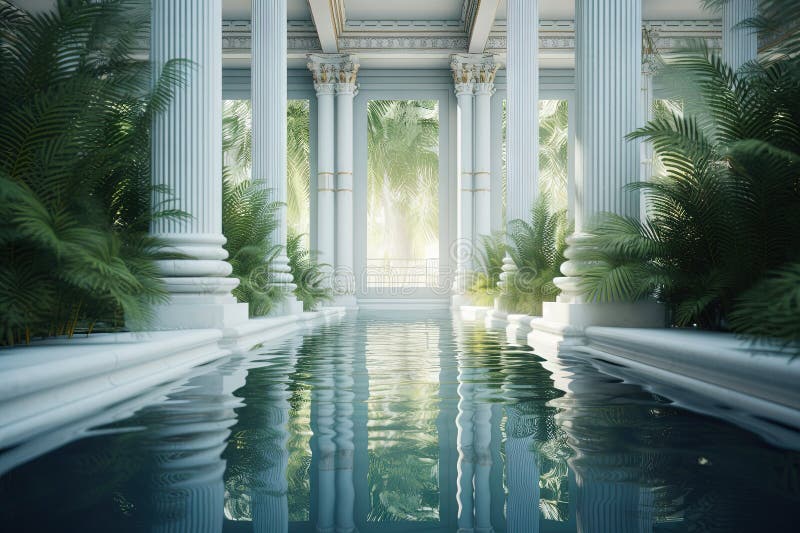 Large White Hall with Tall Pillars and a Lot of Greenery Stock ...