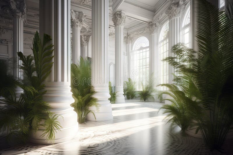 Large White Hall with Tall Pillars and a Lot of Greenery Stock ...