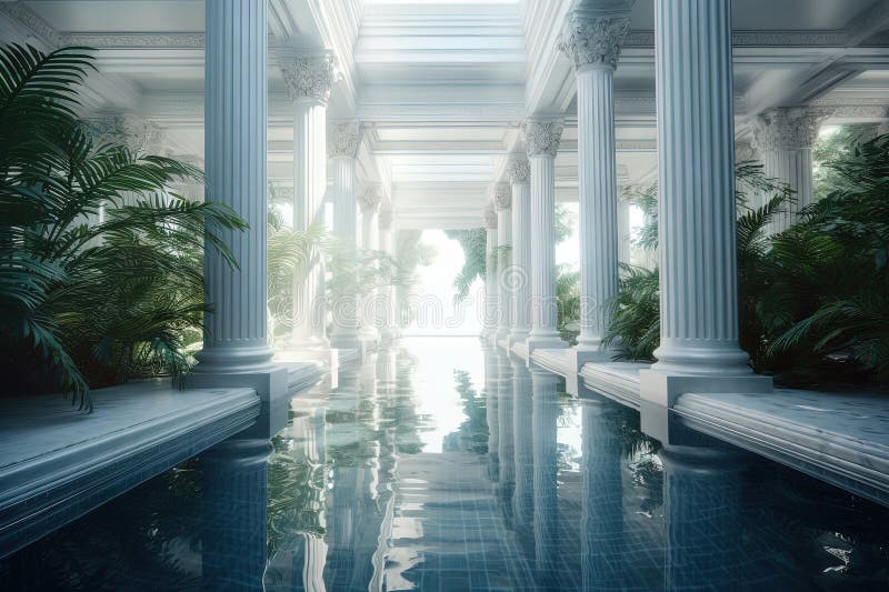 Large White Hall with Tall Pillars and a Lot of Greenery Stock ...