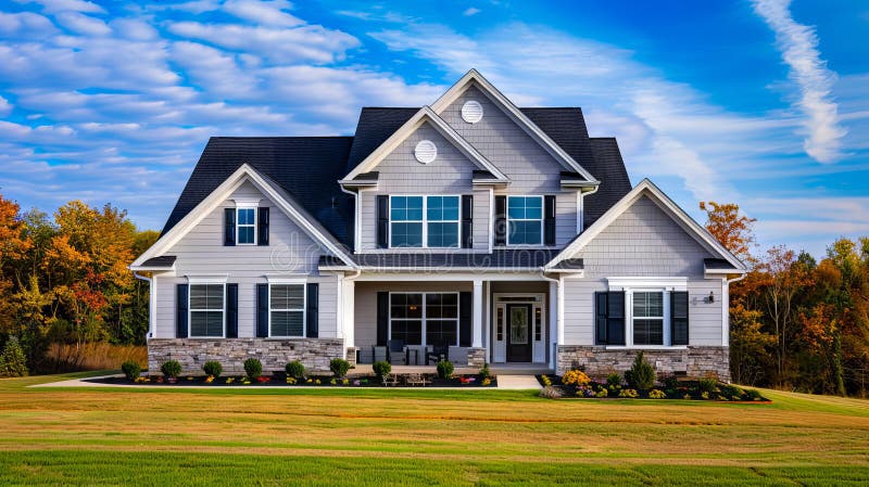 A Large White House with Black Shutters on the Front of it Stock Photo ...