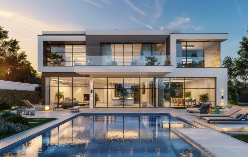 Large White House with Front Pool Stock Photo - Image of house, space ...