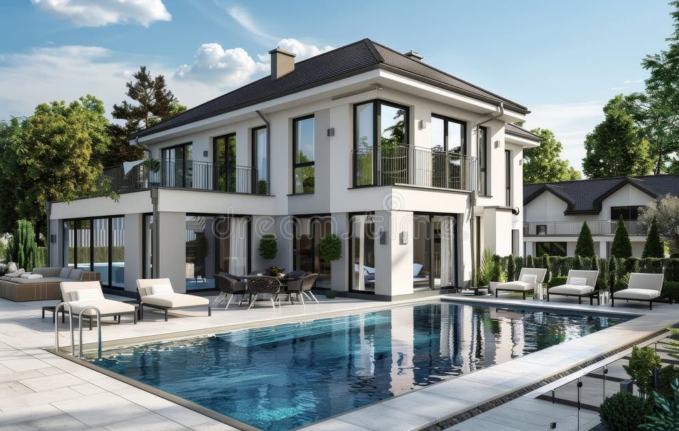 Large White House with Front Pool Stock Photo - Image of exterior ...