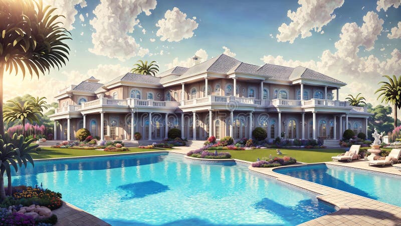 Large White House with Luxury Swimming Pool in Front of it. Modernism ...