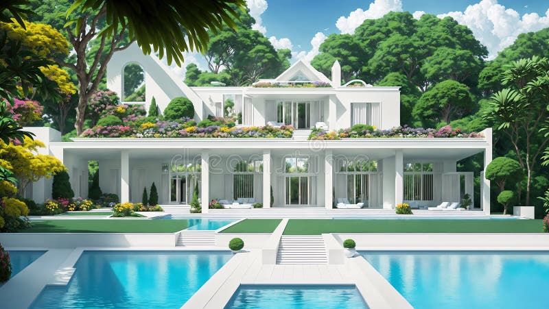 Large White House with Luxury Swimming Pool in Front of it. Modernism ...
