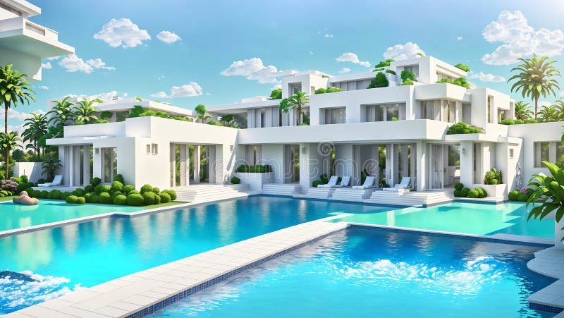 Large White House with Luxury Swimming Pool in Front of it. Modernism ...